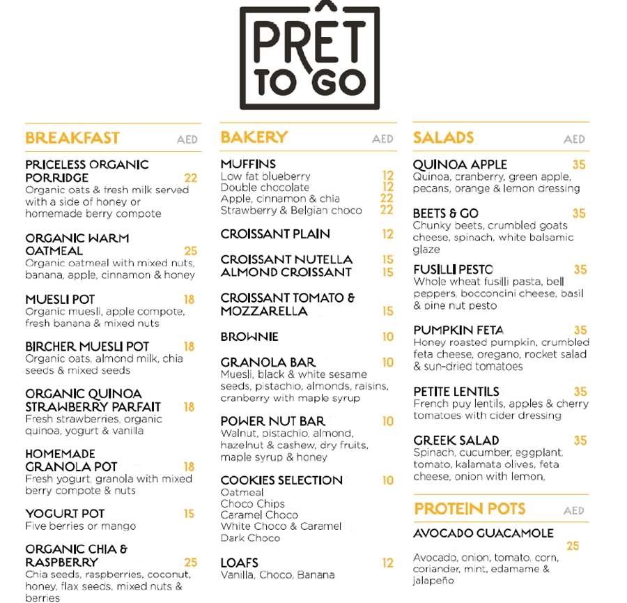 Pret To Go Menu | Vegetarian Menu for Pret To Go, Masdar City, Abu Dha